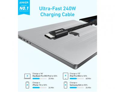 ANKER Zolo USB tip-C kabl M/M 1m, za Apple, super brzo punjenje 240W/480Mbps, pleteni, crni