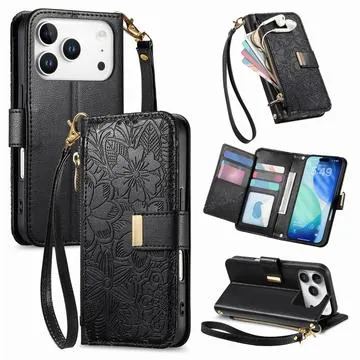 IPHONE 17 PRO MAX FLORAL & LEAF PATTERN WALLET CASE WITH ZIPPER POCKET & WRIST STRAP - BLACK
