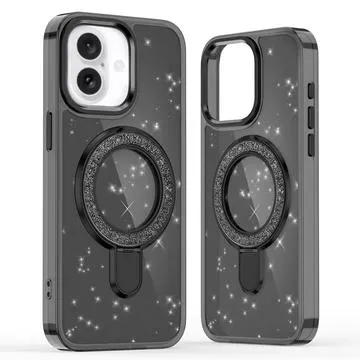 IPHONE 16 GLITTER HYBRID CASE WITH KICKSTAND - MAGSAFE COMPATIBLE - BLACK
