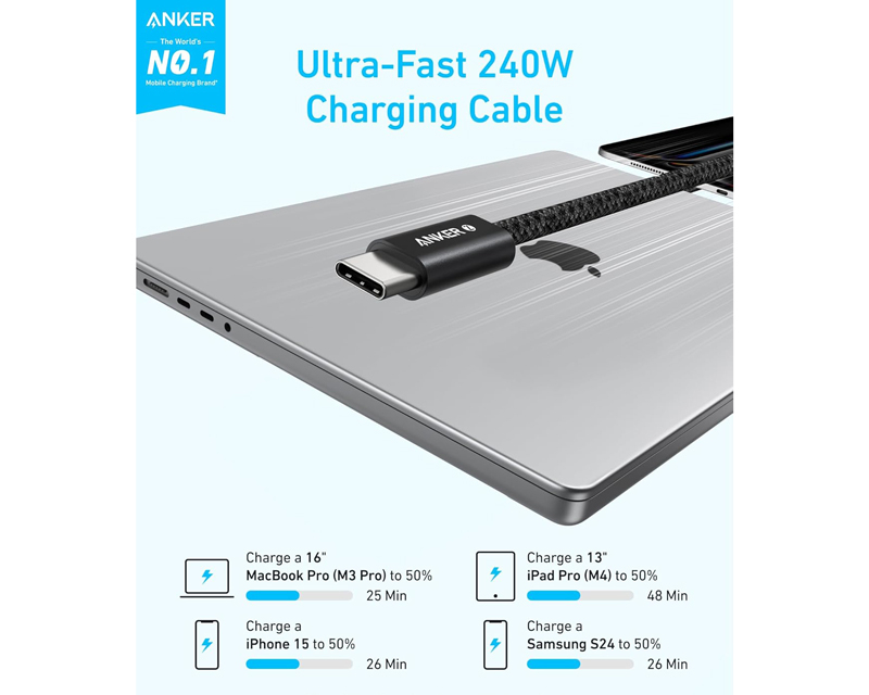 ANKER Zolo USB tip-C kabl M/M 1m, za Apple, super brzo punjenje 240W/480Mbps, pleteni, crni