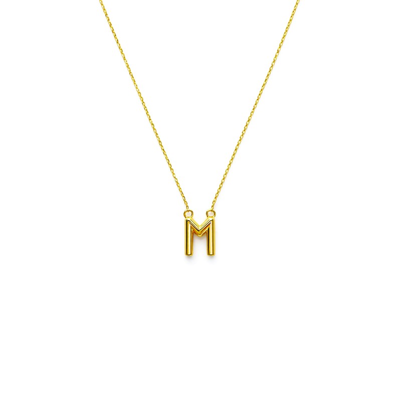 A GOLD NECKLACE WITH THE LETTER M CRAFTED FROM 14KT YELLOW GOLD