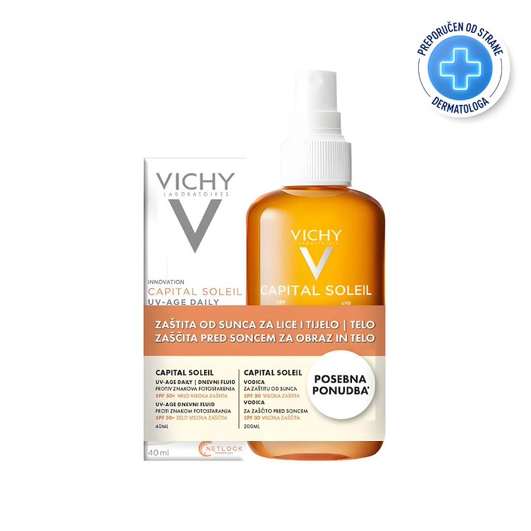 VICHY PROMO CAPITAL SOLEIL UV-AGE Dnevni Fluid SPF50+ 40 mL i Vodica za Zaštitu od Sunca SPF30 200 mL