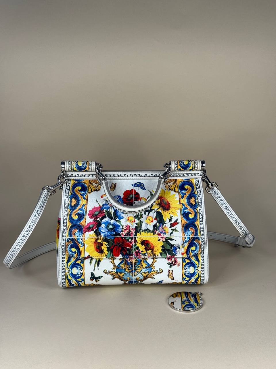 Dolce & Gabbana White/Multicolor Floral Print Leather Medium Miss Sicily Top Handle Bag