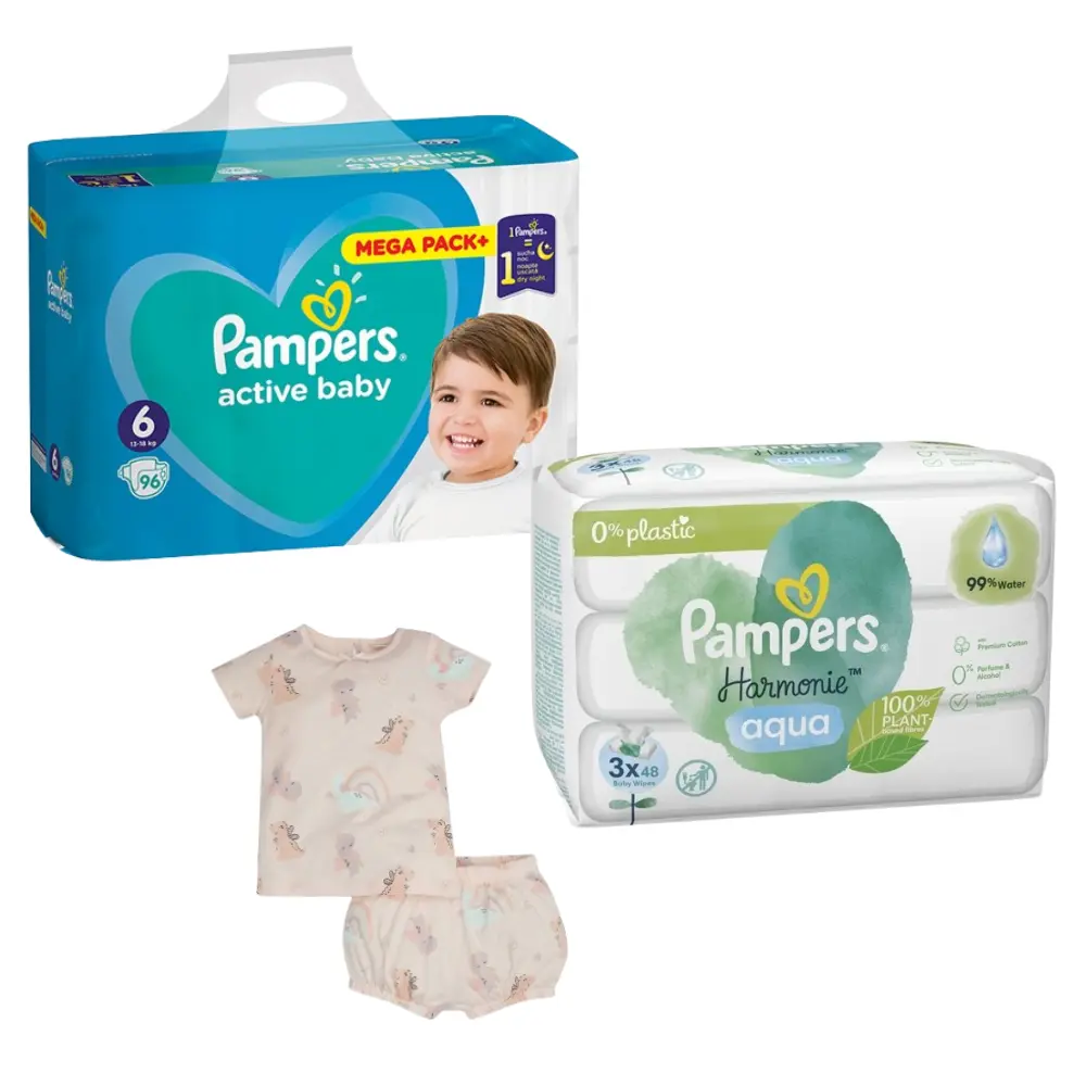 Pampers Pelene Active Baby 6, MB, 13-18 kg, 96/1+Pampers Vlažne maramice Harmonie, 3x48 komada+DeFacto Pidžama za devojčice, Svetloroze