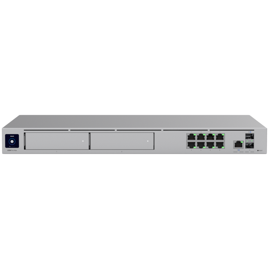 Ubiquiti rack-mount Cloud Gateway 10 Gbps performance, multi-WAN load balancing, 2 NVR drive bays, multi-application UniFi sites
