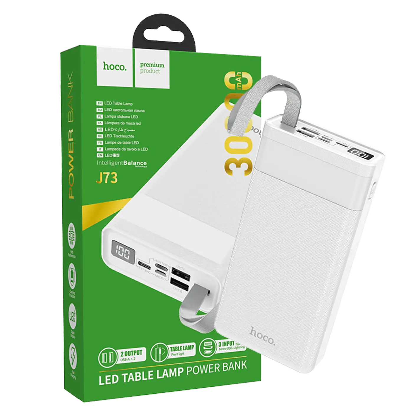 HOCO Punjač prenosni sa lampom J73, 30000mAh, 2A/2A, beli