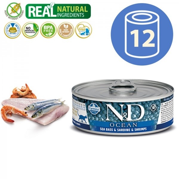 N&D Vlažna hrana Can Cat Ocean Sea Bass&Sardine&Shrimps 80g x 12kom pakovanje