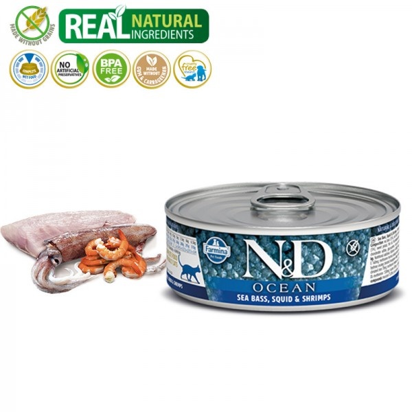 N&D Vlažna hrana konzerva Cat Ocean Sea Bass&Squid Shrimps 80g