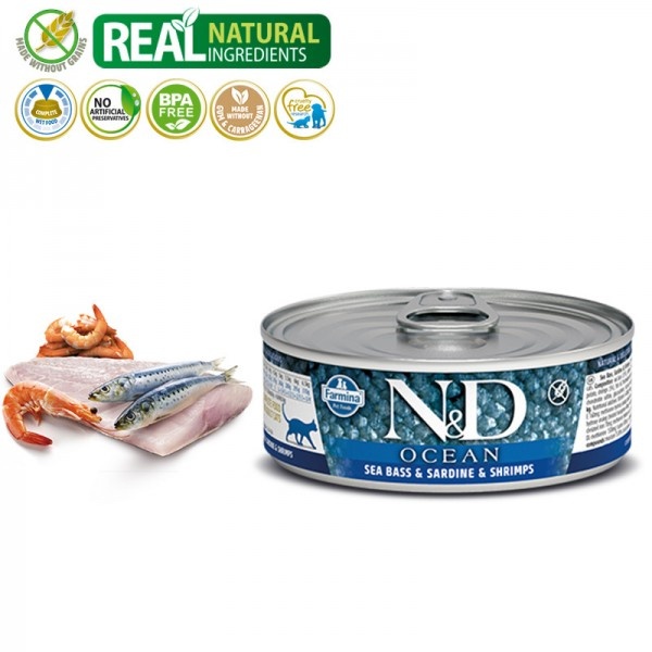 N&D Vlažna hrana konzerva Cat Ocean Sea Bass&Sardine&Shrimps 80g