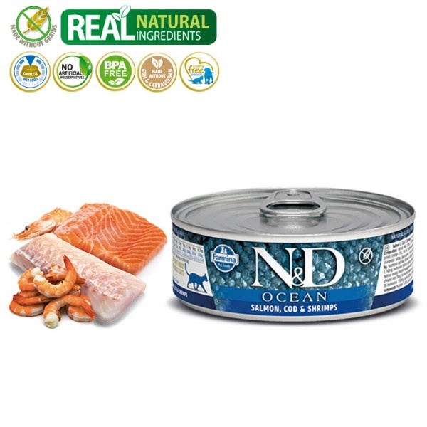 N&D Vlažna hrana u konzervi Cat Ocean Salmon&Codfish&Shrimps 80g