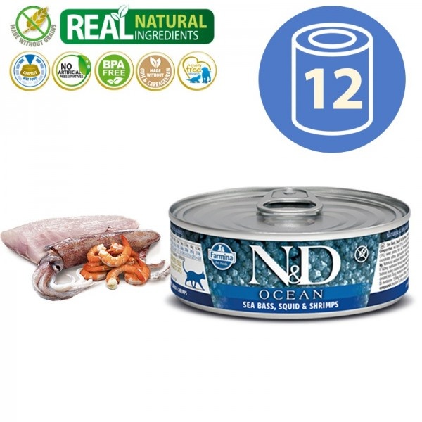 N&D Vlažna hrana Can Cat Ocean Sea Bass&Squid Shrimps 80g x 12kom pakovanje