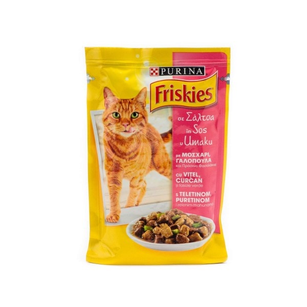 Friskies Delices Vlažna hrana Kesica za mačke Adult s teletinom, ćuretinom i boranijom u sosu 100g