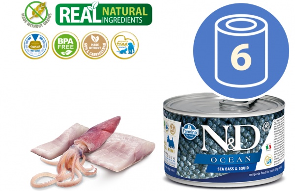 N&D Vlažna hrana Can Dog Ocean Mini Sea Bass&Squid 140g x 6kom pakovanje