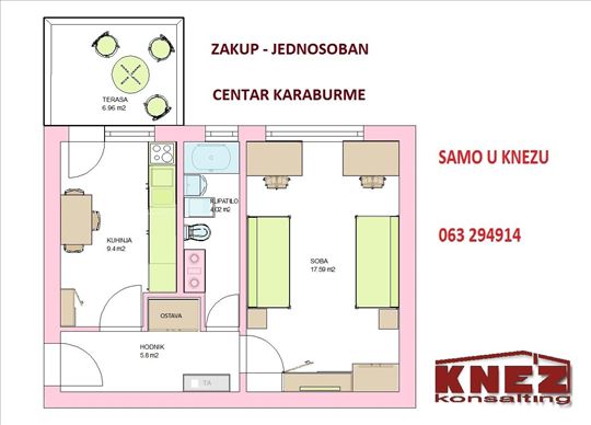 Karaburma- centar 1s, 44m2, ter, namešten