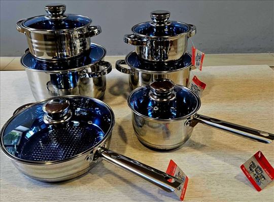 Set posudja sa debelim dnom -plavi poklopci