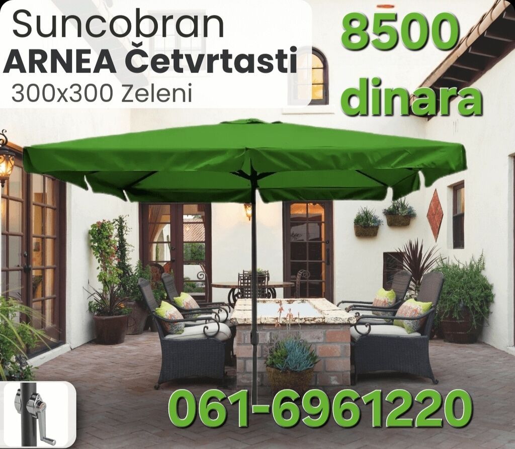 Suncobran ARNEA, četvrtasti, zeleni. Dimenzije 300 x 300 cm. Centralni