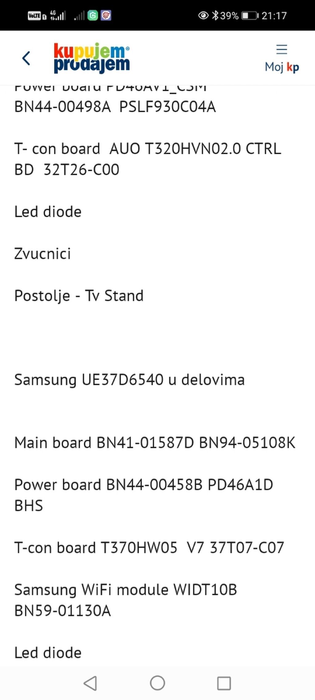 Samsung LED TV delovi – modeli UE37EH5200 i UE37D6540 Dostupne