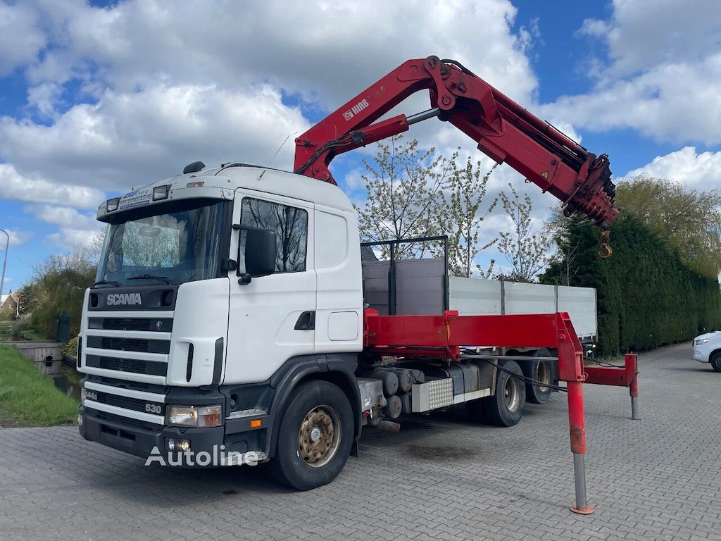 Scania R144-530 V8 Hiab 400 8x hydrolic 21m reach kamion s ravnom platformom