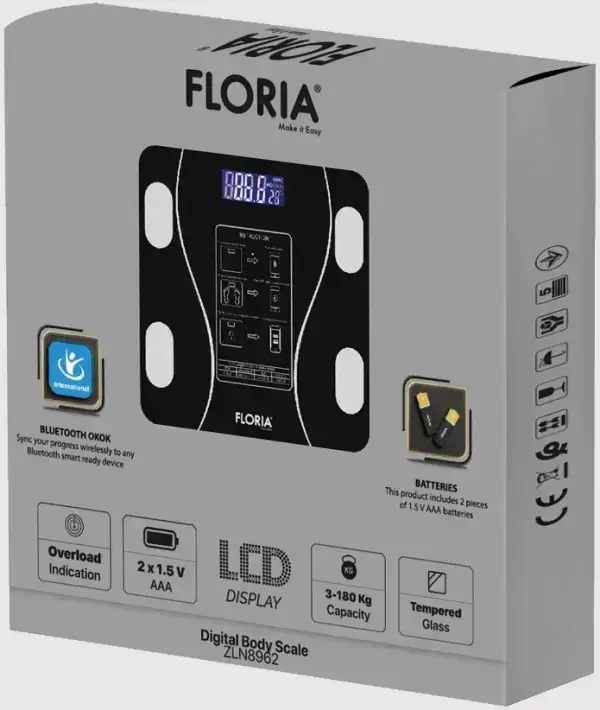 Zilan ZLN8962 Pametna vaga do 180 kg LED, Bluetooth,Crna,Kaljeno staklo