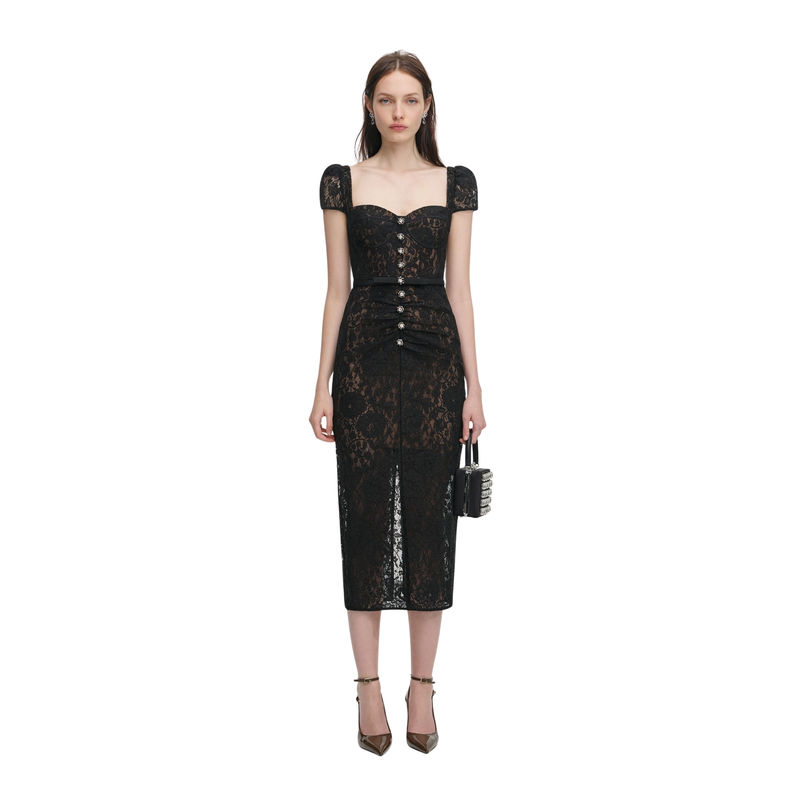 Ženska haljina Self Portrait Black Sweetheart Lace Midi Dress