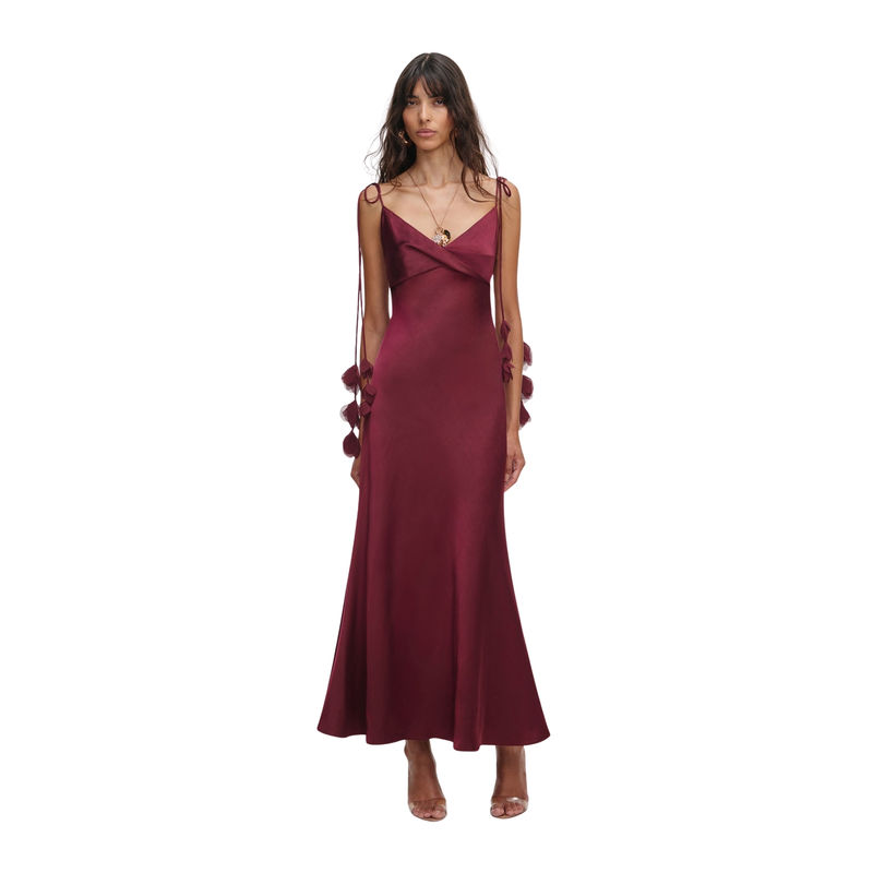 Ženska haljina Self Portrait Burgundy Satin Flower Midi Dress