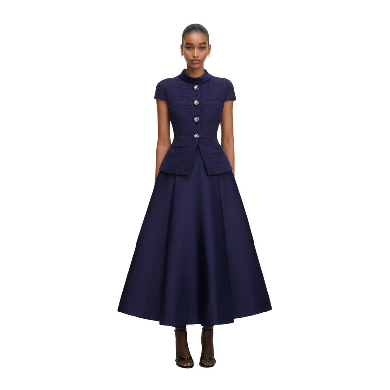 Ženska haljina Self Portrait Navy Boucle Taffeta Midi Dress