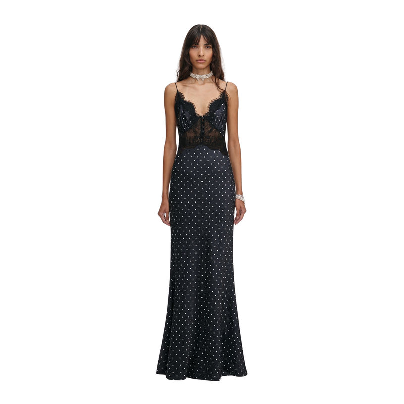 Ženska haljina Self Portrait Polka Dot Satin Lace Maxi Dress