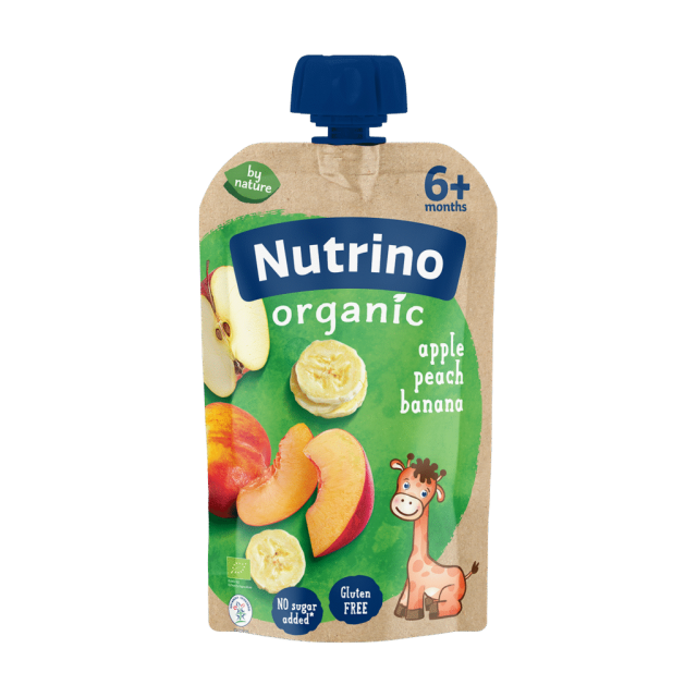 NUTRINO ORGANIC VOĆNA KAŠA PIRE OD JABUKE, BRESKVE I BANANE 100G 6M+