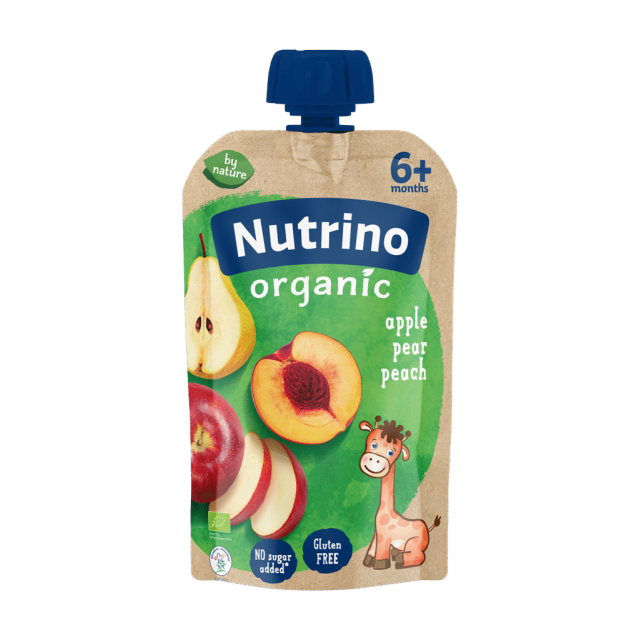 NUTRINO ORGANIC VOĆNA KAŠA PIRE OD JABUKE, KRUŠKE I BRESKVE 100G 6M+