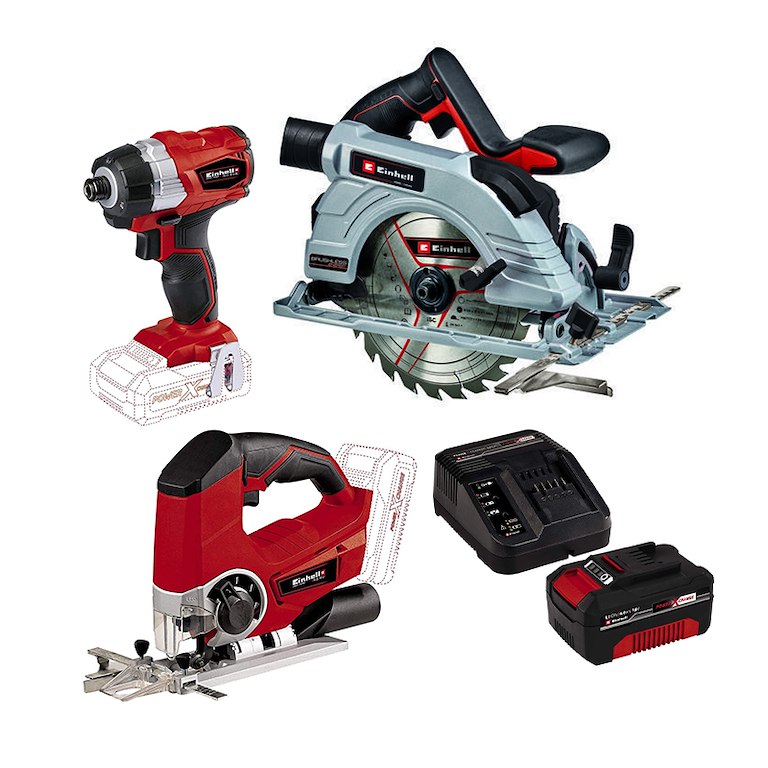 Einhell TE-CI 18 Li Brushless-Solo udarni odvijač + Einhell TE-CS 18/190 Li BL-Solo ručna kružna testera + Einhell TE-JS 18 Li-Solo ubodna testera (1x 18V 4,0 Ah PXC baterija, punjač) setID: EK000...