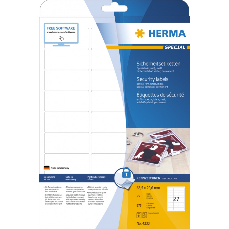 Sigurnosne Etikete 63x29 A4/27 1/25 Bela Herma