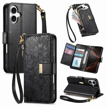 IPHONE 16 FLORAL & LEAF PATTERN WALLET CASE WITH ZIPPER POCKET & WRIST STRAP - BLACK