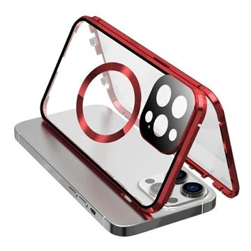 DUAL-SIDED TEMPERED GLASS+MAGNETIC METAL FRAME ANTI-DROP CASE FOR IPHONE 15 COMPATIBLE WITH MAGSAFE PHONE COVER WITH BUCKLE LOCK - RED