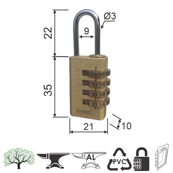 Katanac sa šifrom KA2000 Ms 21×10/35/22/9/3mm 4-komb. DBP1