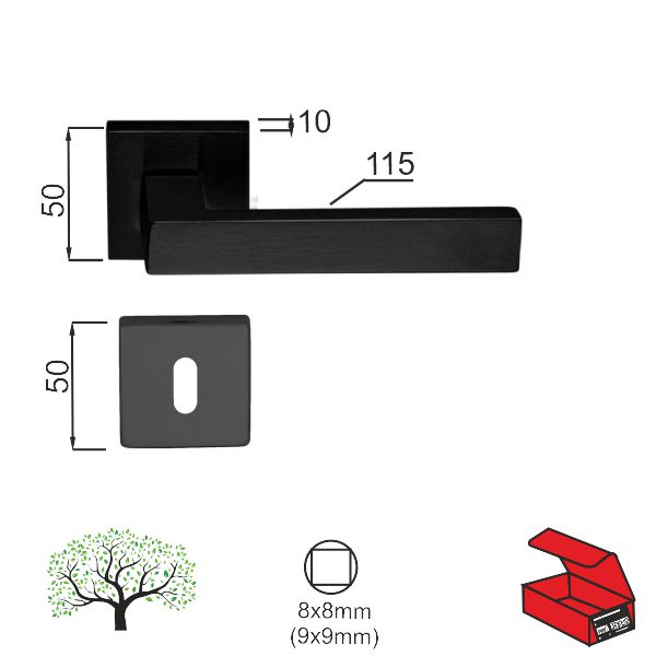 Kvaka rozeta za vrata CLIO Crna 50×50/10/115/8/9mm .Klj OPD