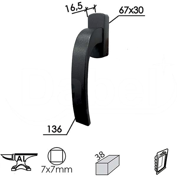 Ručica za prozore TARA-P RAL9005txt 7×7/38/30X67X16,5/61/136mm Akustik DP1