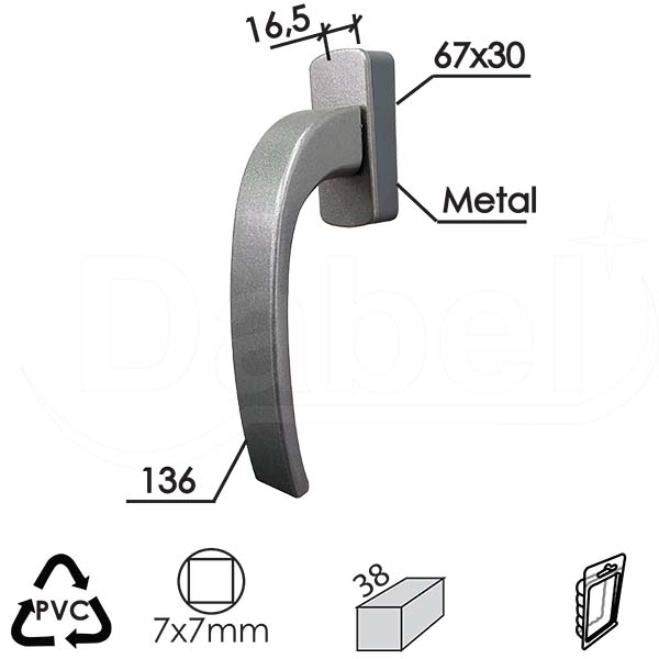 Ručica za prozore TARA-P Silver 7×7/38/30X67X16,5/61/136mm Akustik DP1