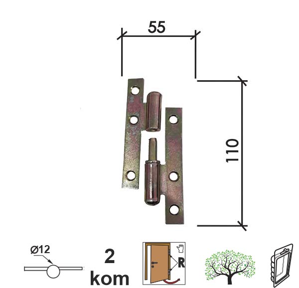 Šarka brodska za vrata SP9006 ZnŽ x110x55/fi12 (2kom) Desna DBP2