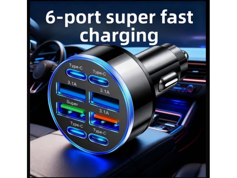 Super Fast Auto Punjač sa 6 Portova-USB + Type-C (Novo)