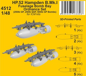NEW! CMK K4512 Handley Page HP.52 Hampden B.Mk.I - Fuselage Bomb Bay Ordnance Set (for ICM Kits)