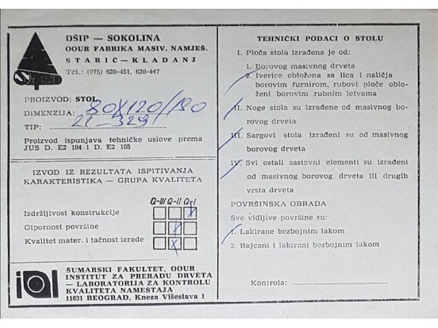 Deklaracija DŠIP `SOKOLINA` Starič-Kladanj Jugoslavija