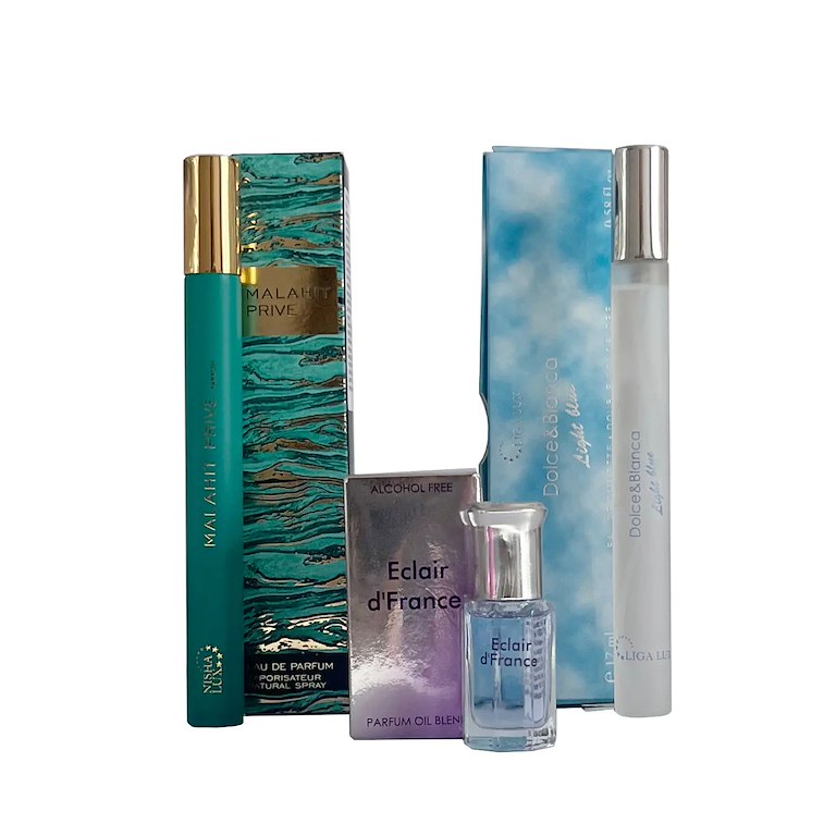 Liga Lux Ženski set parfema Dolce & Blanca Light Blue, EDT, 17 ml + Malahit Prive, EDT, 17 ml + Parfemsko ulje Eclair d'France, 6 ml