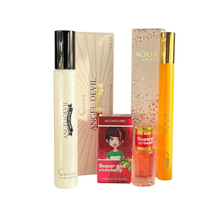 Liga Lux Ženski set parfema Aqua Angelo, EDT, 17 ml + Angel & Devil, EDT, 30 ml + Parfemsko ulje Super Girl Strawberry, 6 ml