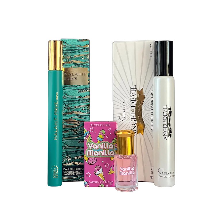 Liga Lux Ženski set parfema Angel & Devil, EDP, 30 ml + Malahit Prive, EDP, 17 ml + Parfemsko ulje Vanilla Manilla, 6 ml