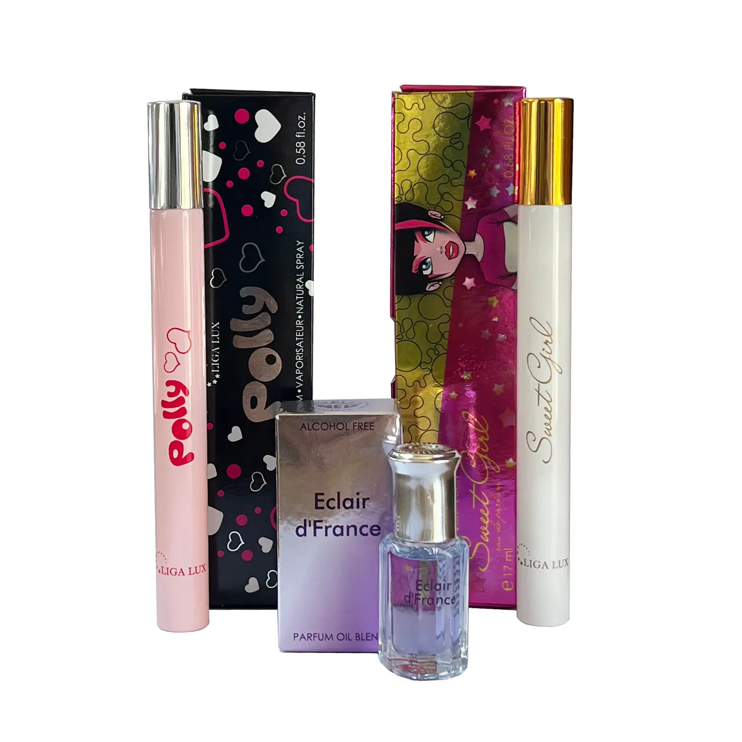 Liga Lux Ženski set parfema Sweet Girl, EDT, 17 ml + Polly, EDT, 17 m + Parfemsko ulje Eclair d'France, 6 ml