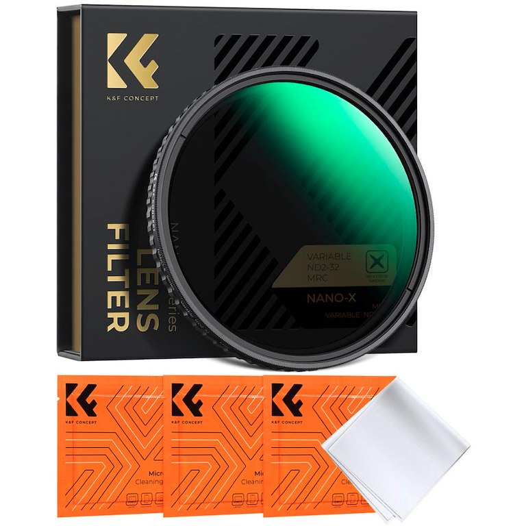 K&F Concept 62mm Fader ND2-32 Variable ND VND Filter Black Cross (HD, Waterproof, Anti Scratch, Green Coated, Nano-X Series) KF01.1801V1