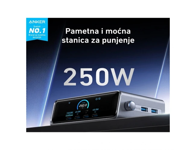 Anker Prime 250W GaN brzi punjač za mobilni telefon 6-portova 4x USB-C 2x USB-A srebrni