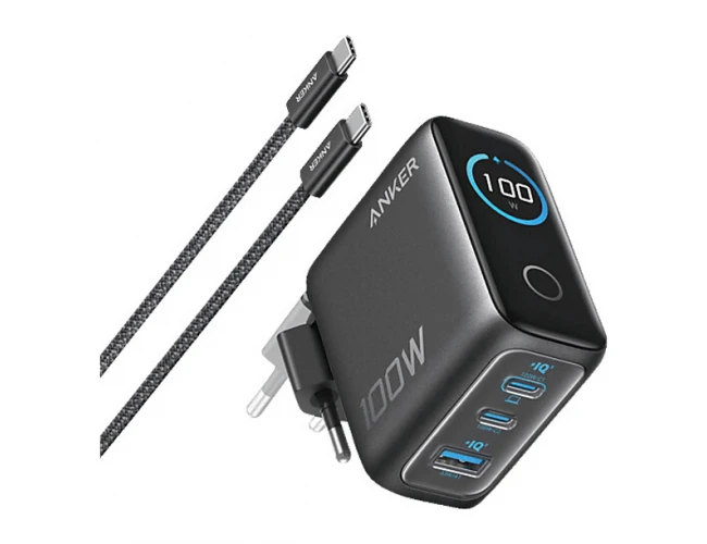 Anker 100W GaN punjač za mobilni telefon 3-porta 2x USB-C i 1x USB-A sa integrisanim USB-C kablom tamno sivi
