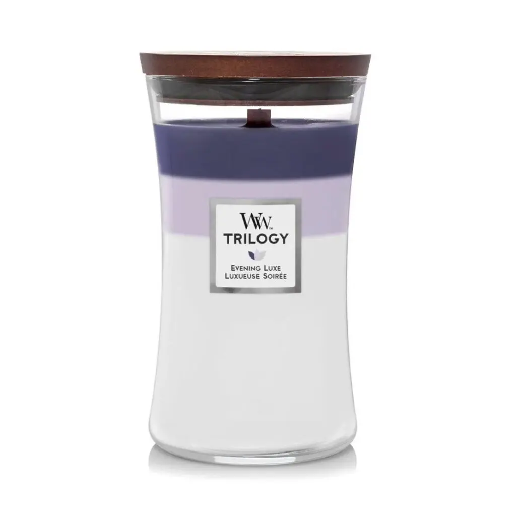WoodWick Mirišljava sveća Evning Luxe Trilogy, L, Ljubičasto-bela