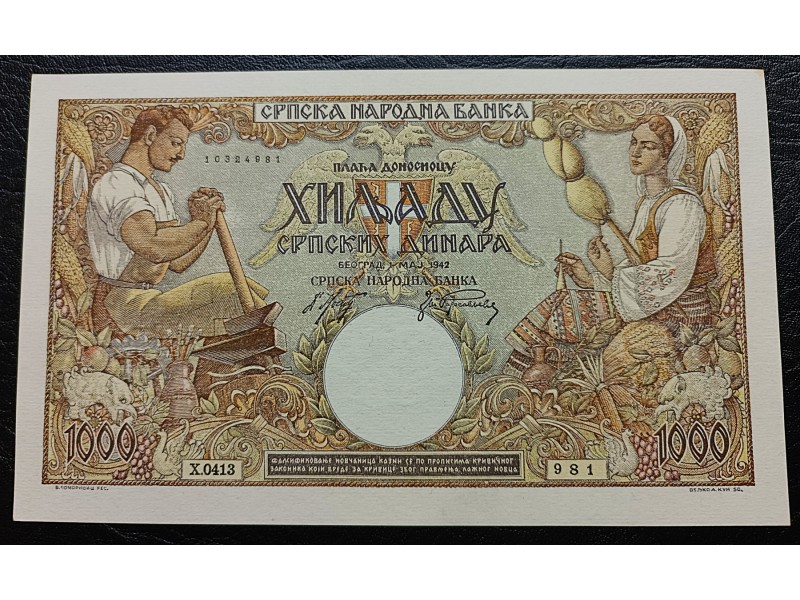 1000 dinara 1942 glava -zene- serija X